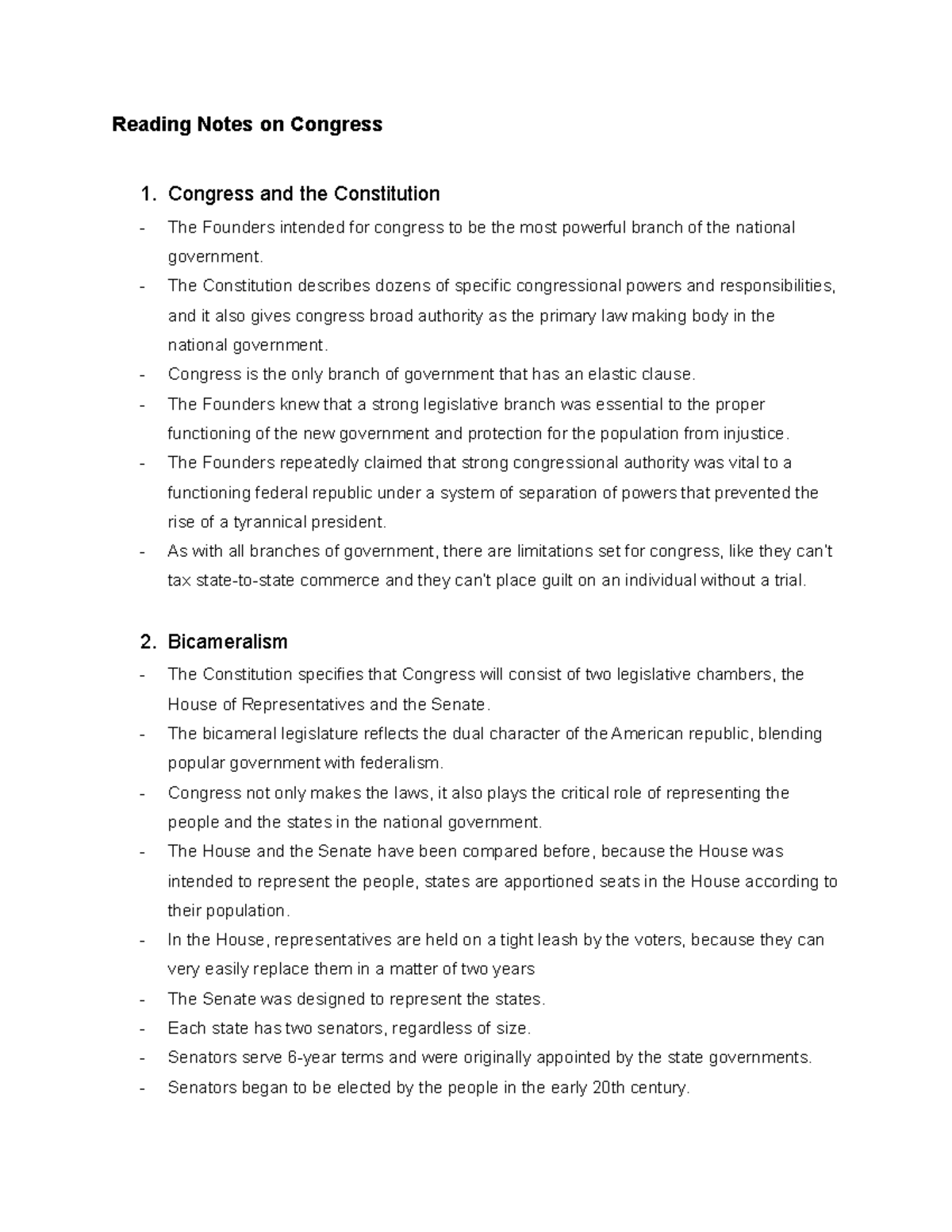 POL 201 Congress Notes - Reading Notes on Congress 1. Congress and the ...