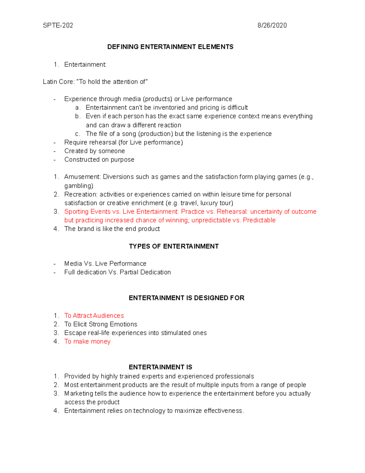Defining Entertainment: SPTE 202 UofSC - SPTE-202 8/26/ DEFINING ...