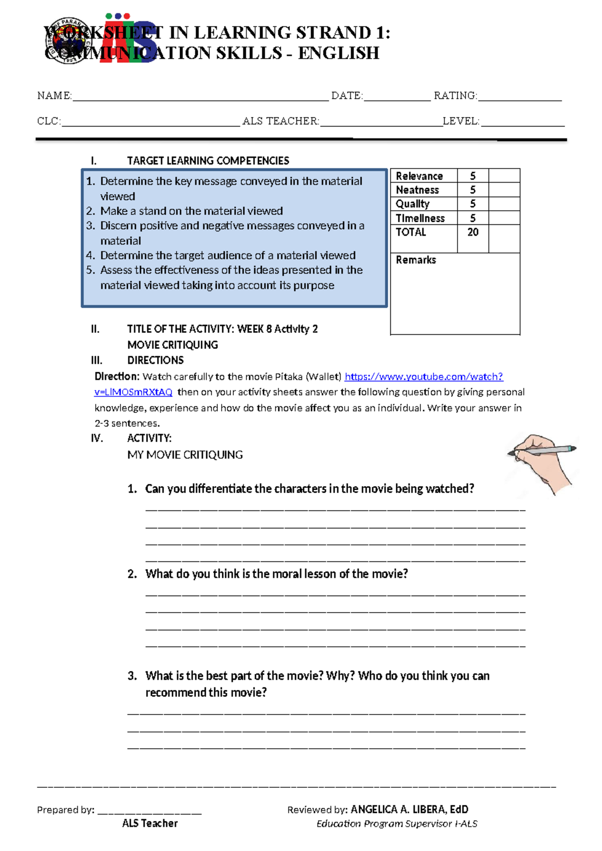 Week 8 activity - Hi8iiiiiiiiiiiiiii - WORKSHEET IN LEARNING STRAND 1 ...