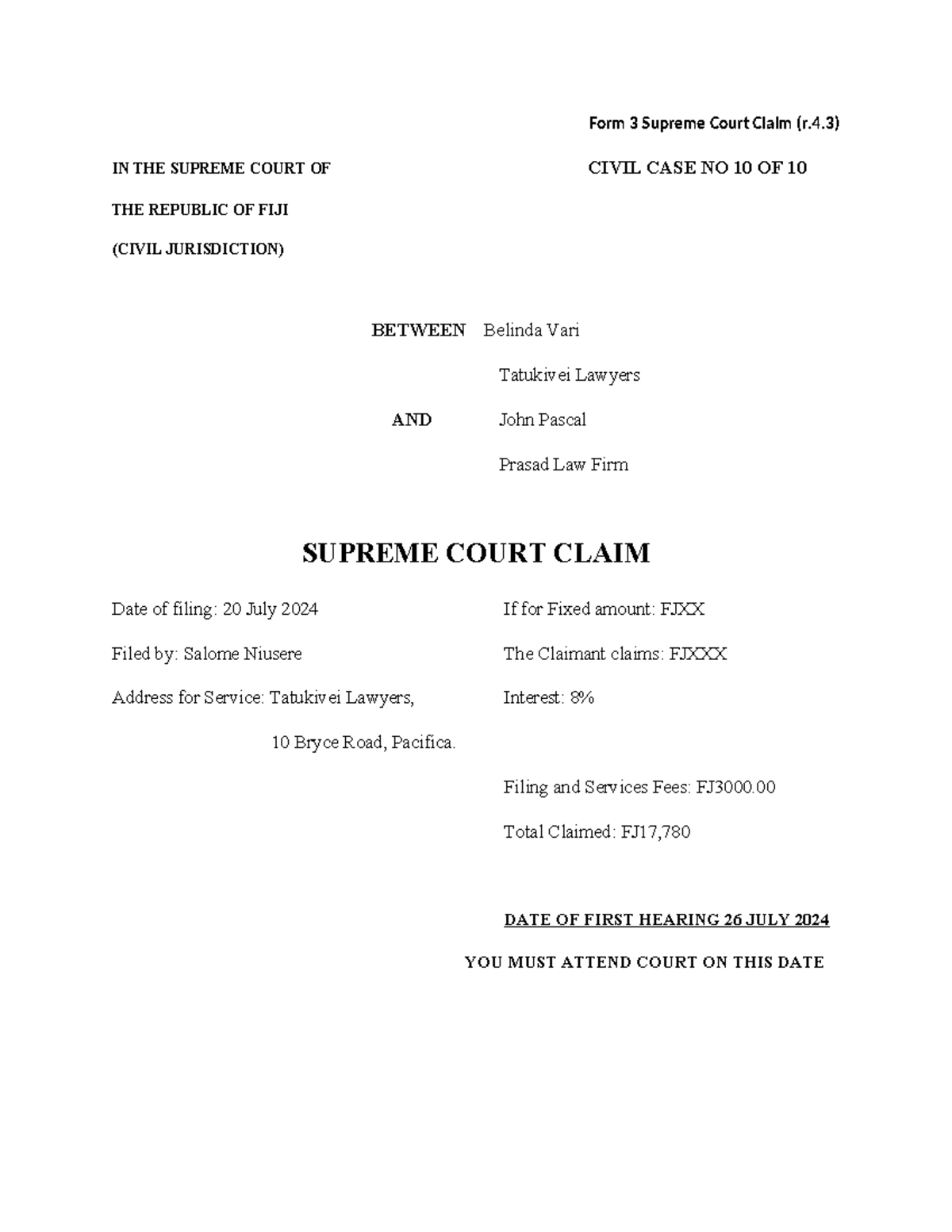 Legal Drafting ASS 2 - ASSIGNMENT - Form 3 Supreme Court Claim (r.4) IN ...