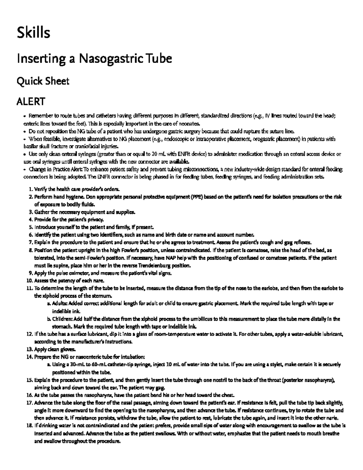 Quick sheet NGT - notes - Skills Inserting a Nasogastric Tube Quick ...