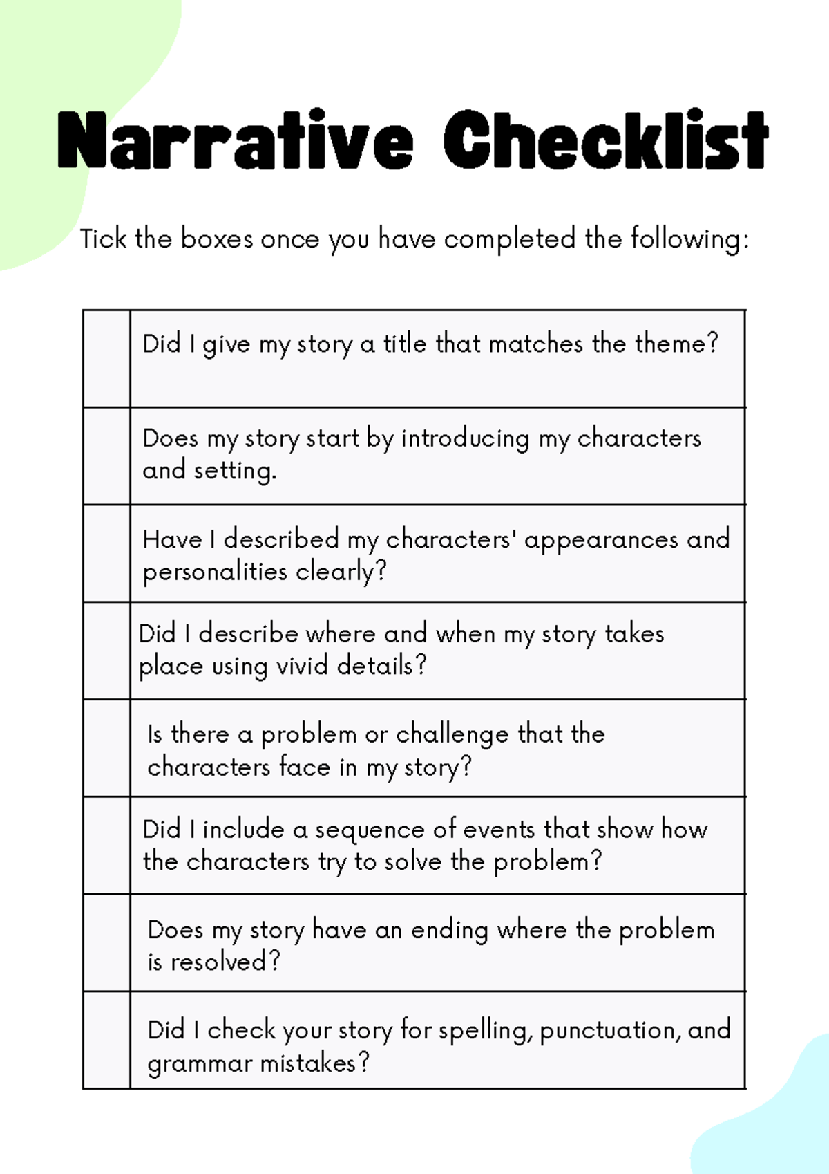 Narrative Checklist 0 - part of assignment 3 - Narrative Checklist Tick ...