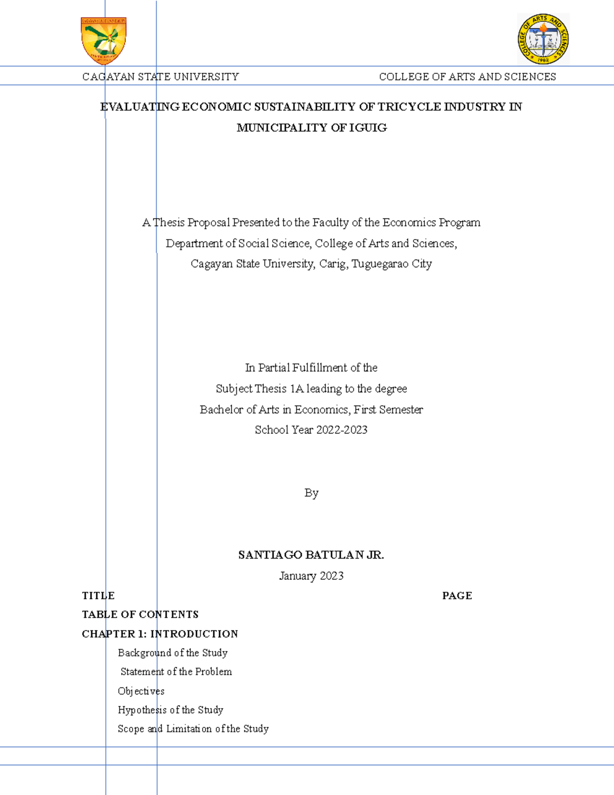 Updatedproposalthesisbatulansantiago - EVALUATING ECONOMIC ...