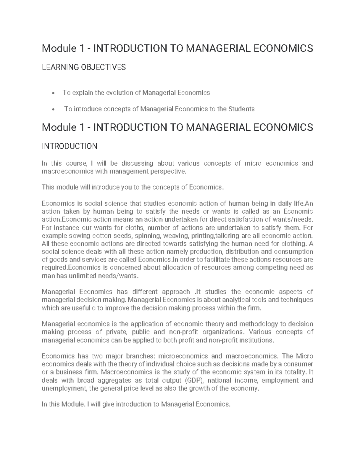 Module 1 - Introduction TO Managerial Economics - Module 1 ...