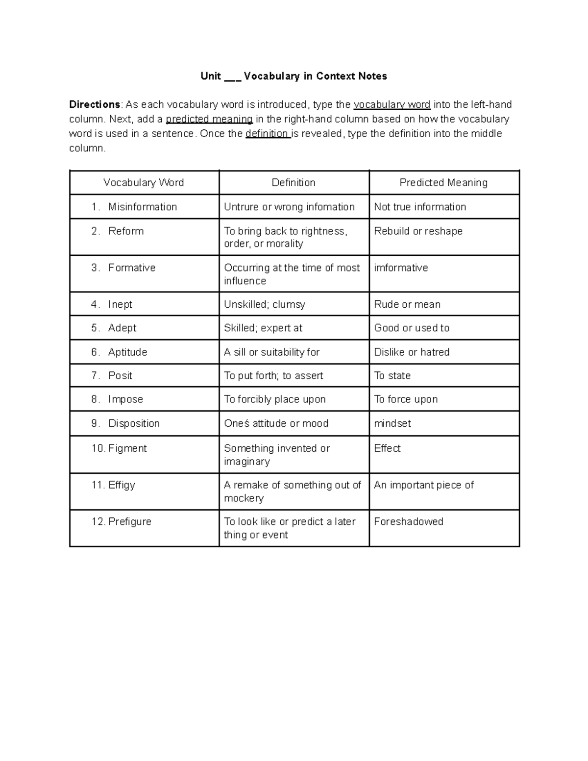 Unit 4 Vocab Notes - Unit ___ Vocabulary in Context Notes Directions ...