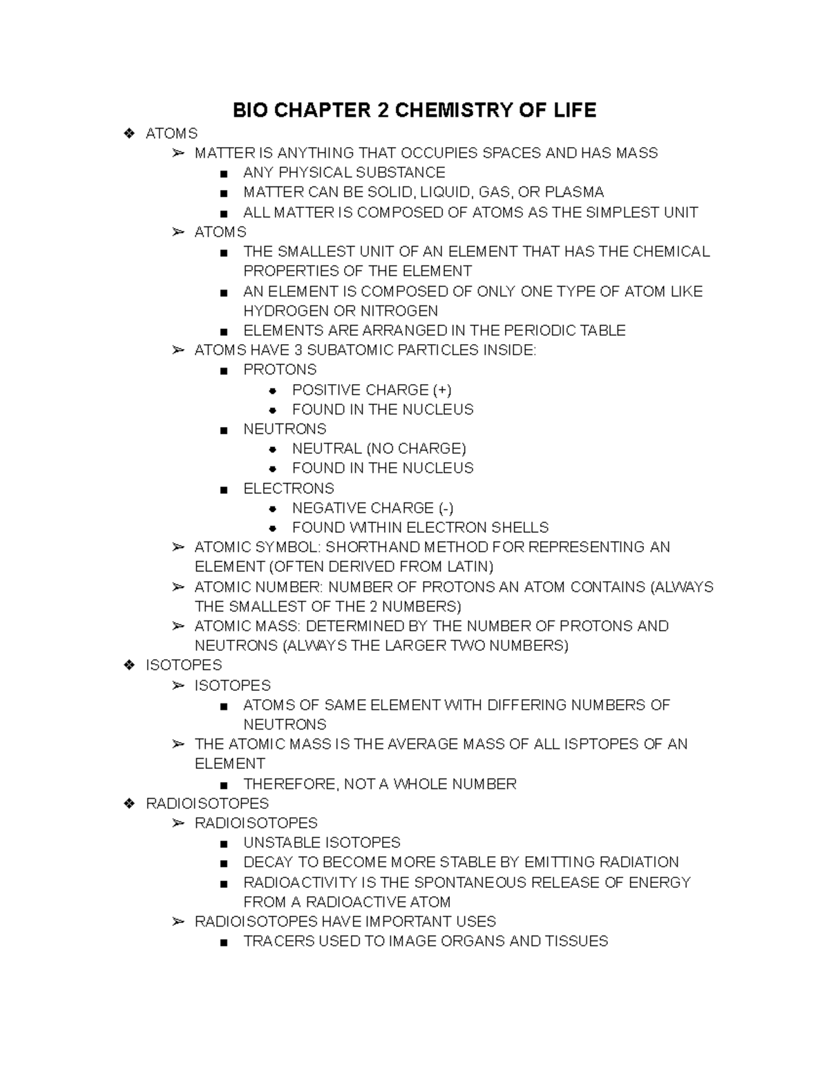 BIO Chapter 2 Chemistry OF LIFE - BIO CHAPTER 2 CHEMISTRY OF LIFE ATOMS ...
