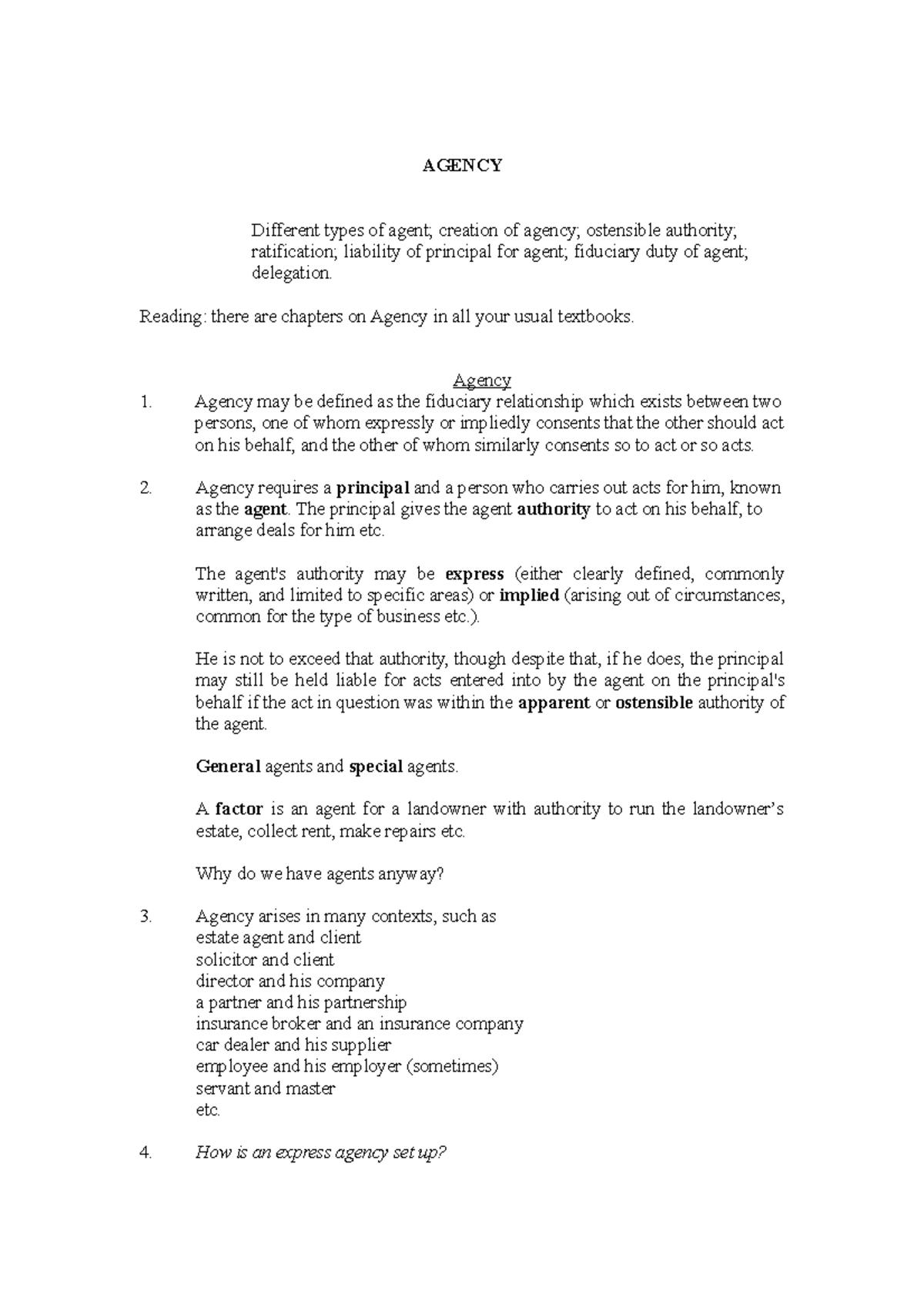 Agency lecture - AGENCY Different types of agent; creation of agency ...