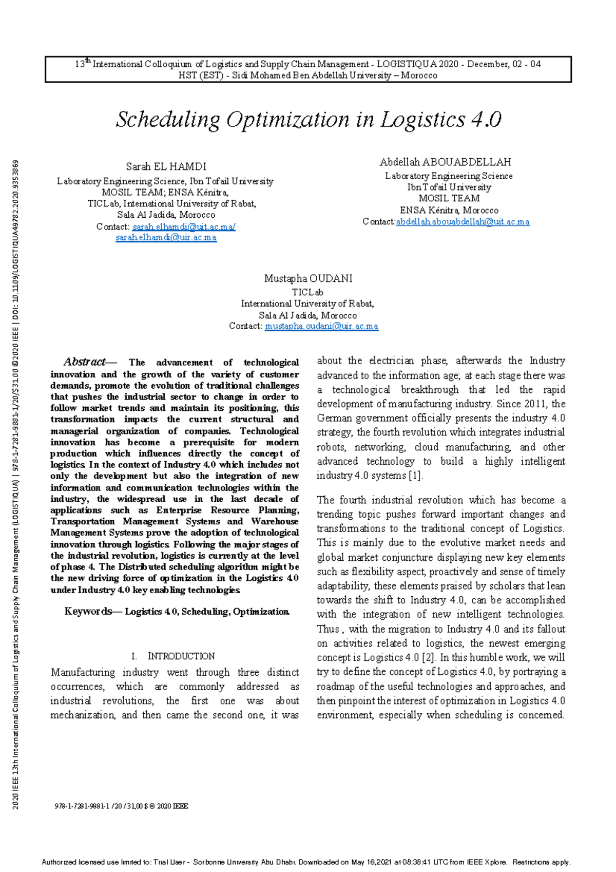 Sarah el hamdi scheduling optimization in logistics 4 - 13 th ...