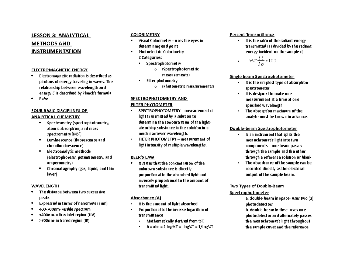 Chemistry- Lesson 3 - LESSON 3: ANALYTICAL METHODS AND INSTRUMENTATION ...