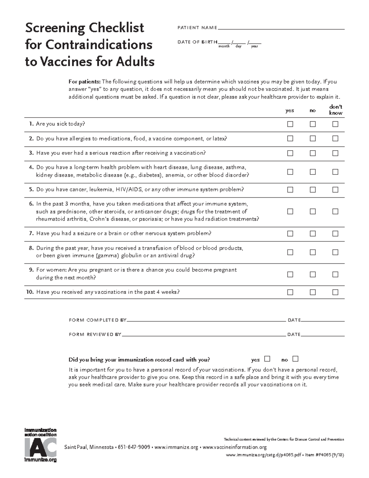 Screening Checklist for Contraindications (Adults, 2018 ) - Screening ...