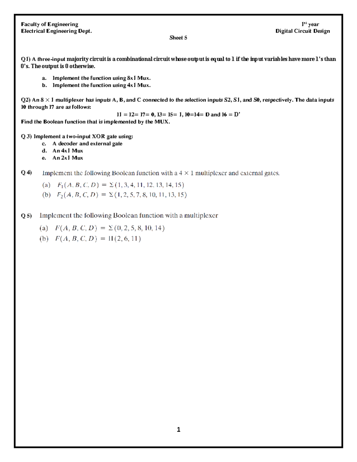 Sheet 5 - Faculty of Engineering 1 st year Electrical Engineering Dept ...