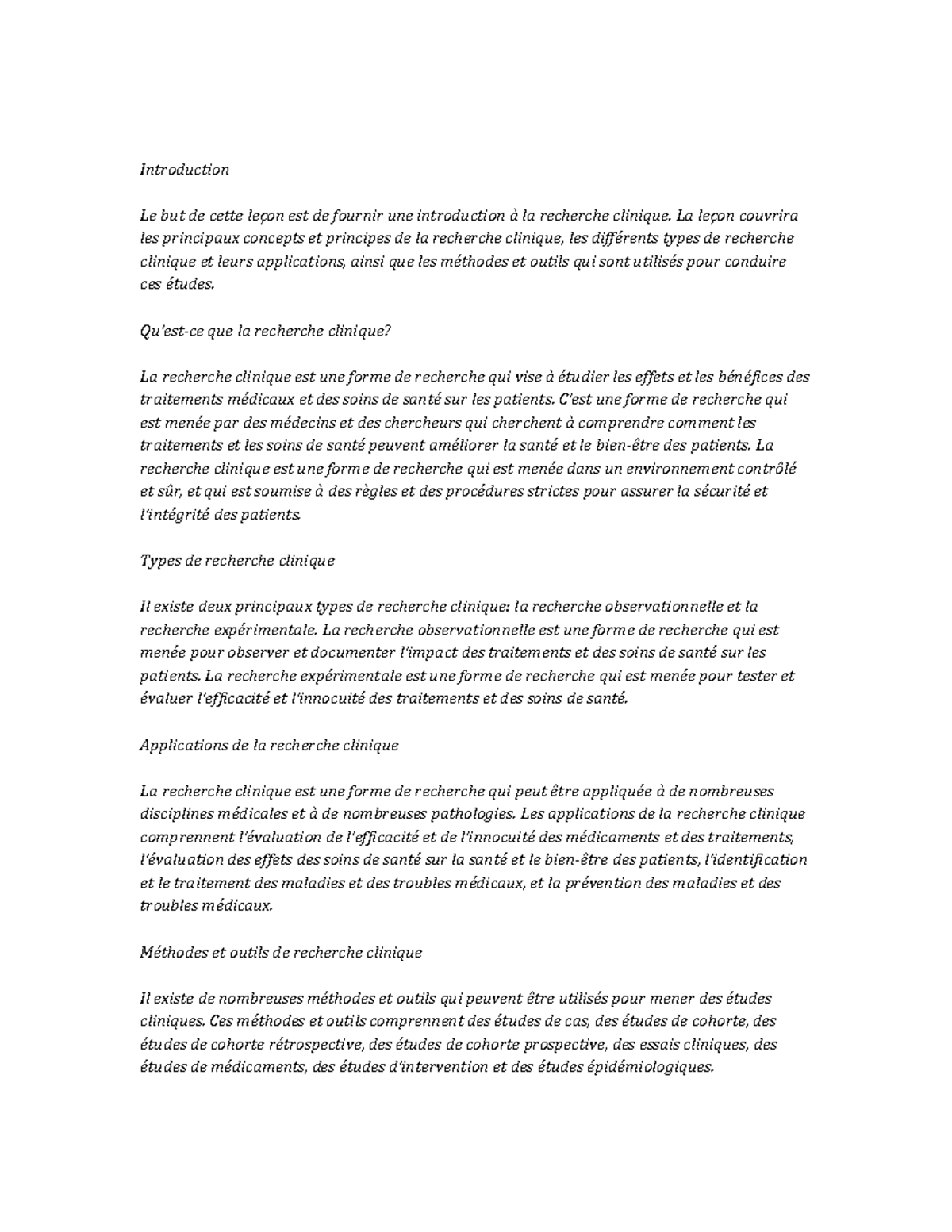 Clinical Research Study Notes - Introduction Le but de cette leçon est ...
