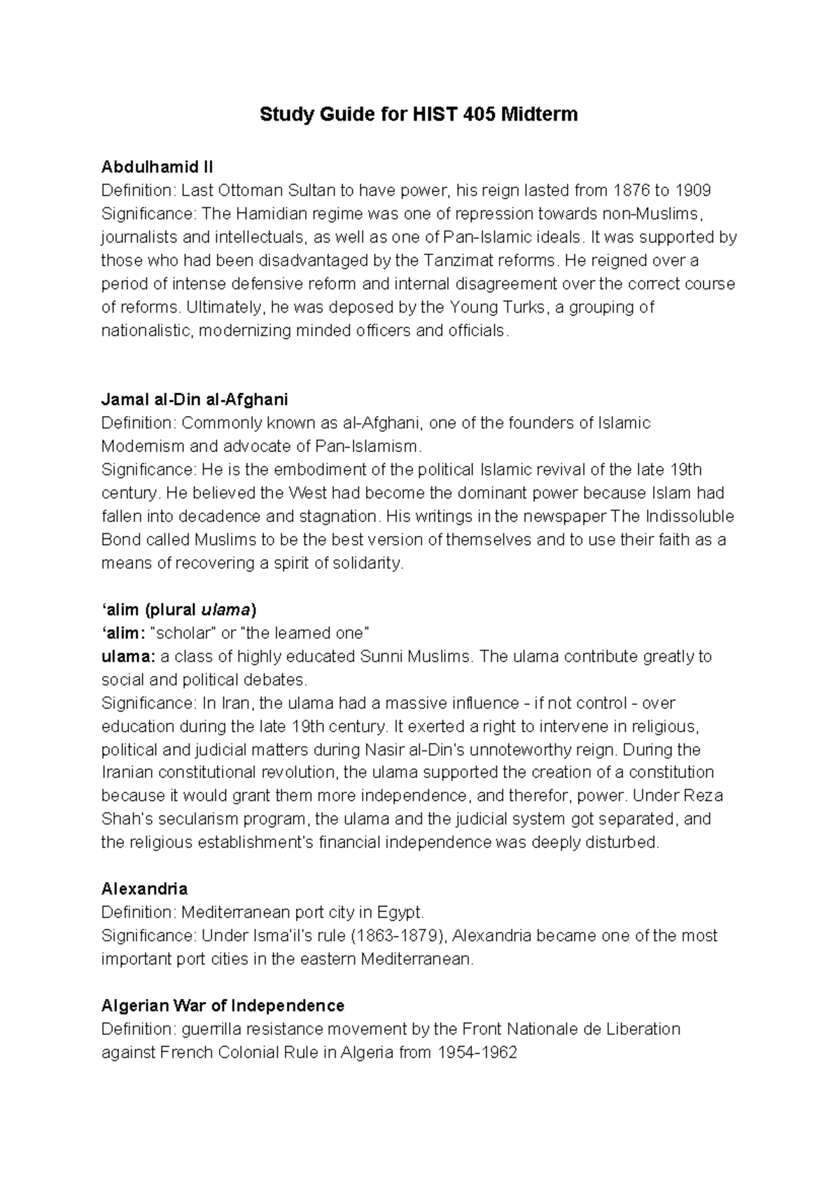 Study Guide Midterm HIST 405 - Study Guide for HIST 405 Midterm ...