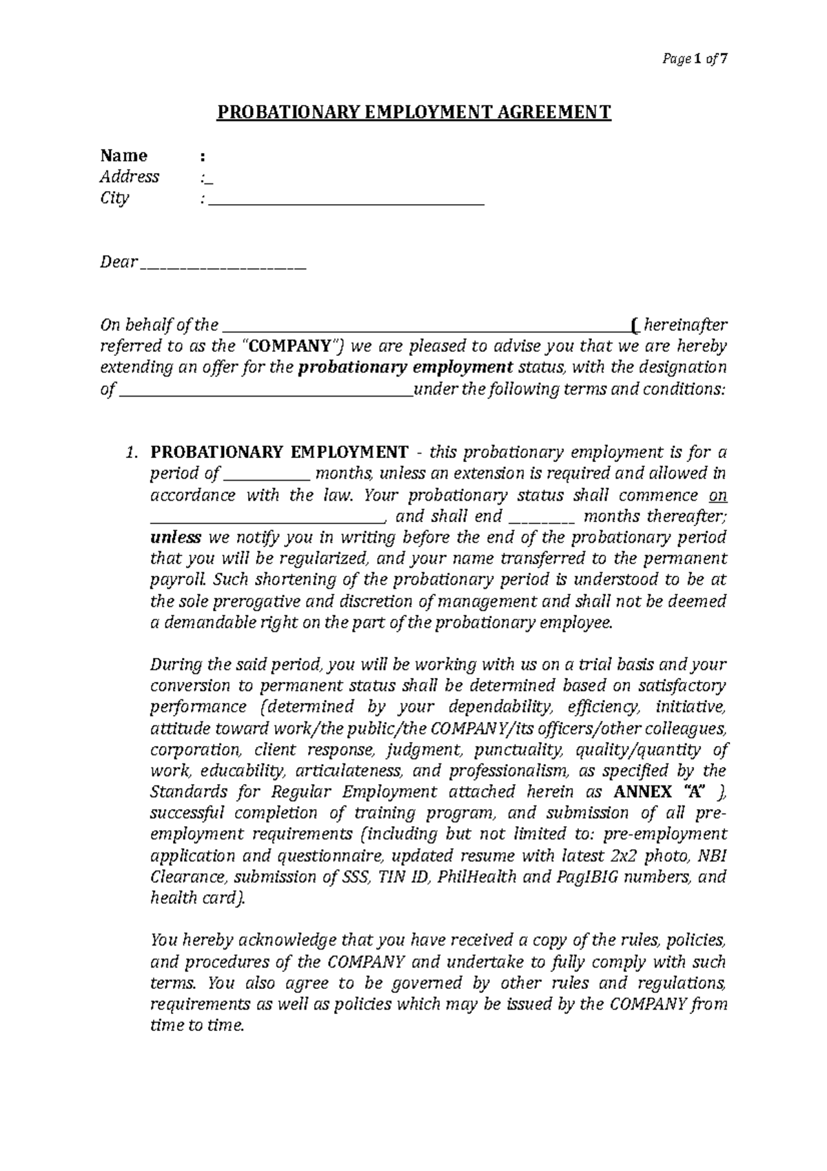 Probationary Contract - PROBATIONARY EMPLOYMENT AGREEMENT Name ...