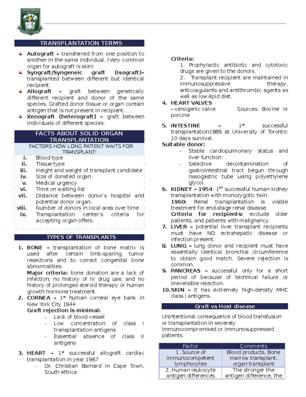 Transplantation notes - TRANSPLANTATION TERMS Autograft – transferred ...