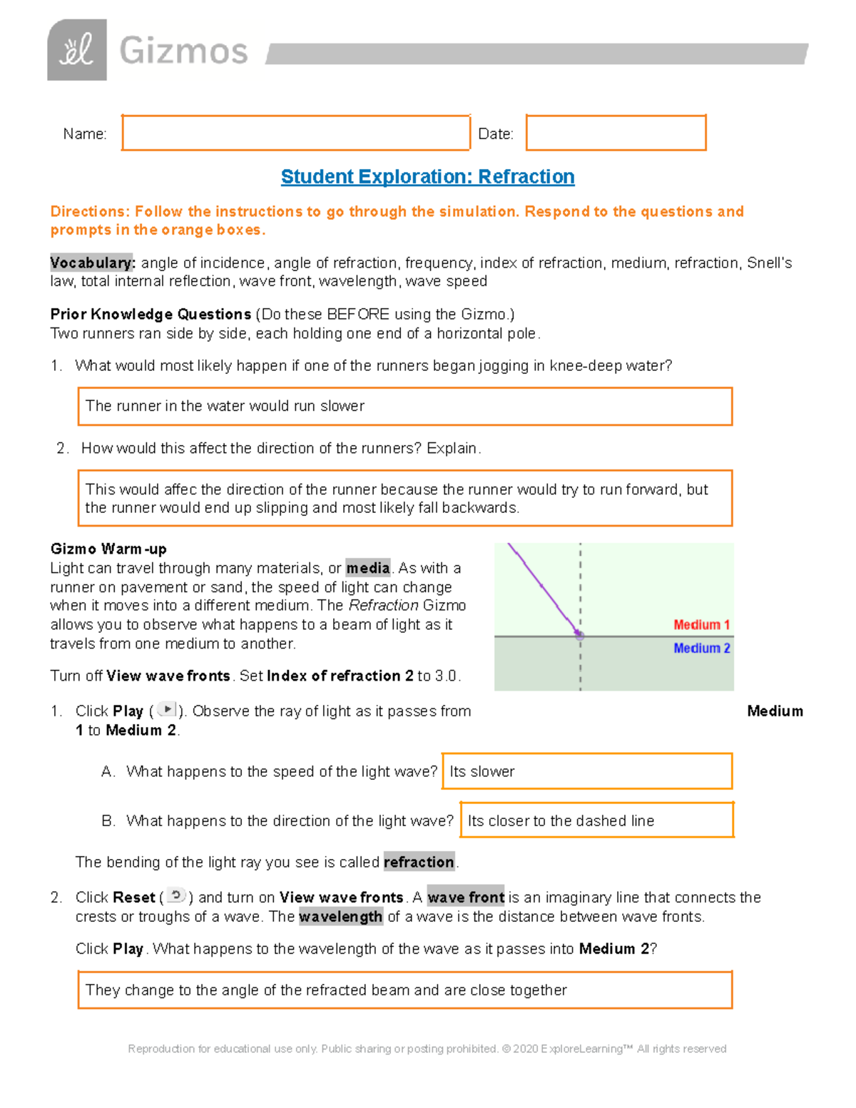 Student Exploration Refraction Gizmo - Name: Date: Student Exploration ...