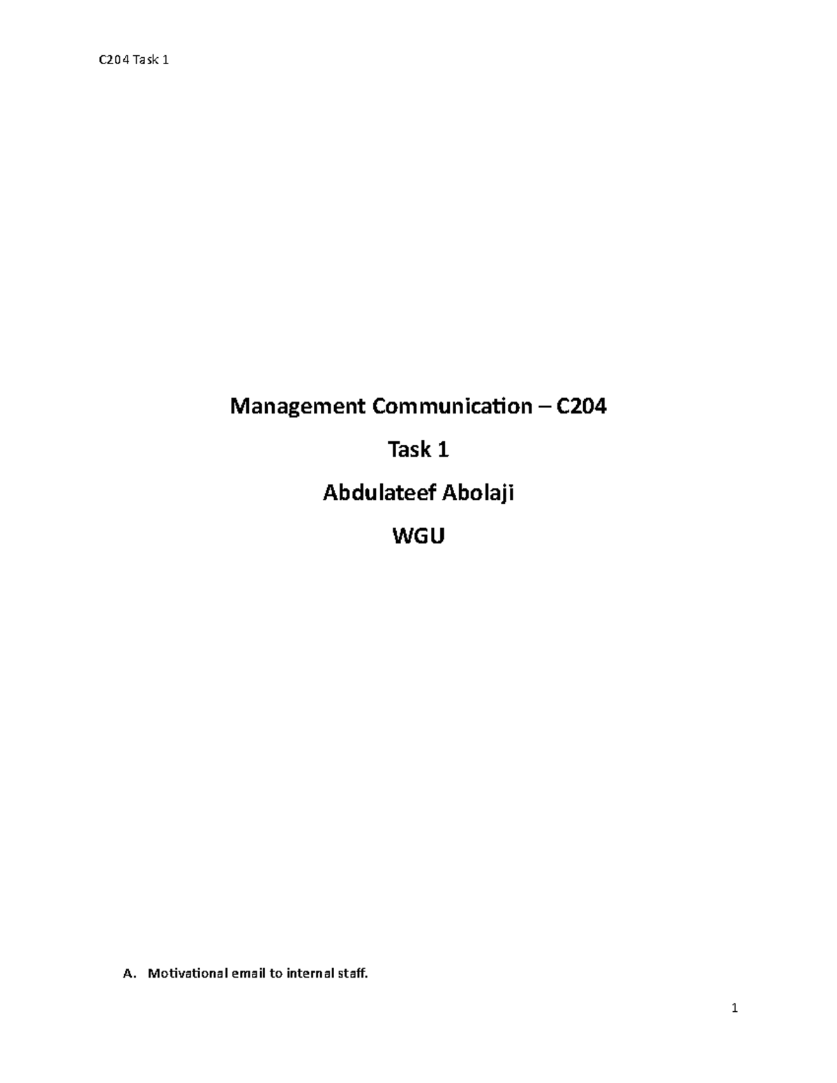 Management Communication C204 - Task 1 - Management Communication – C ...