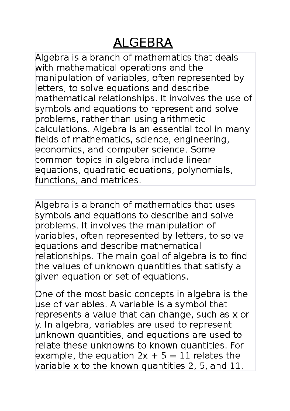 Algebra - ALGEBRA Algebra is a branch of mathematics that deals with ...