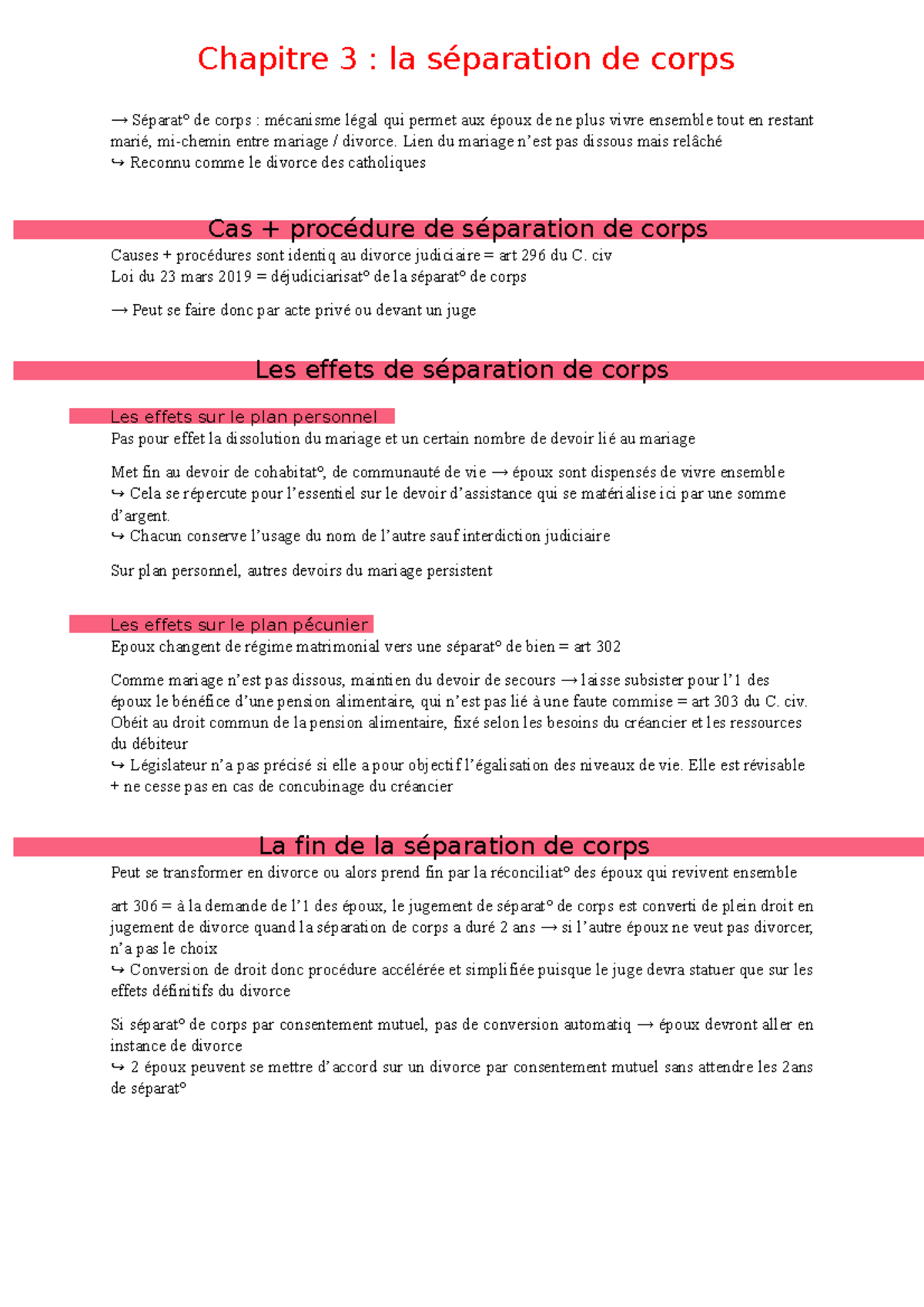 Fiche séparation - → Séparat° de corps : mécanisme légal qui permet aux ...