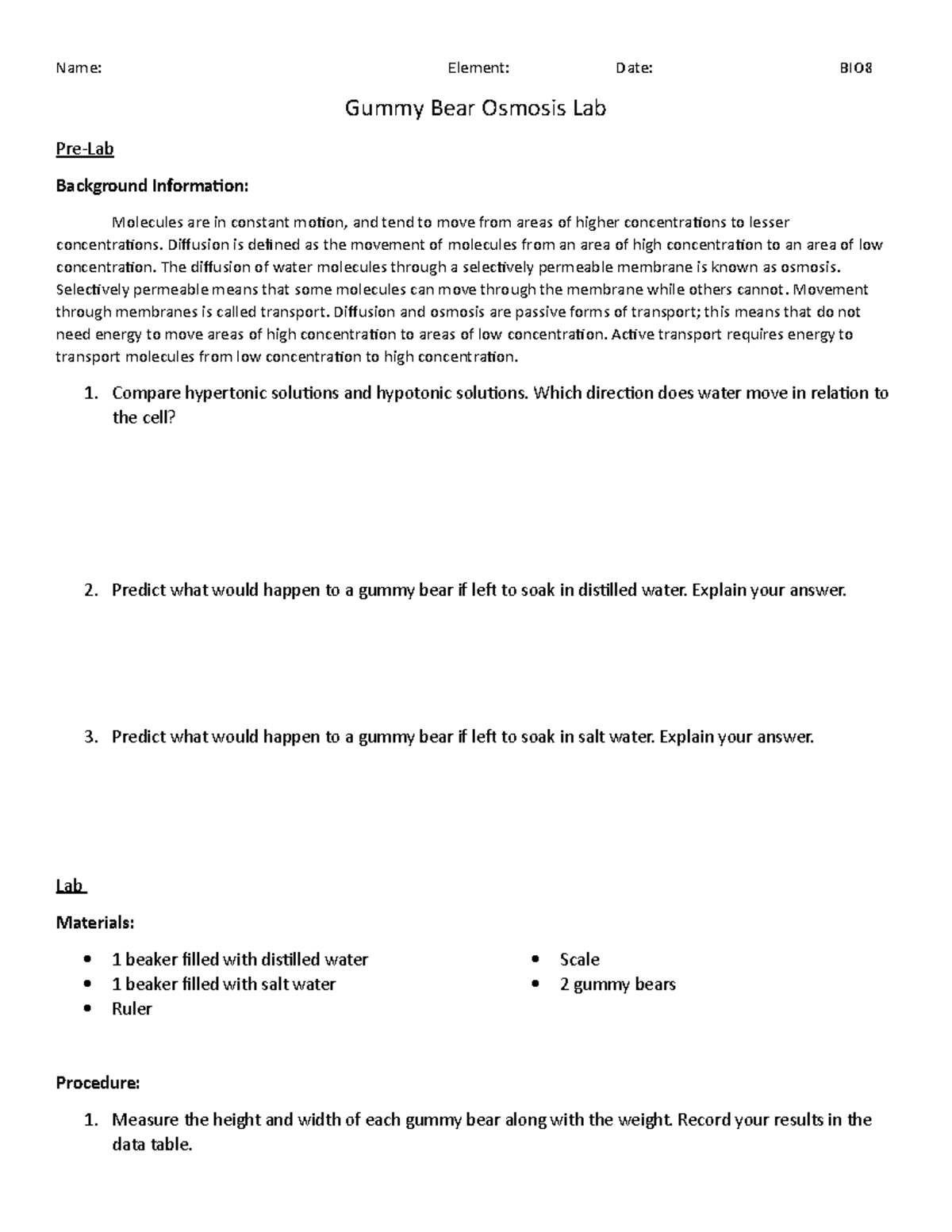 Gummy Bear Osmosis Lab - Name: Element: Date: BIO Gummy Bear Osmosis ...