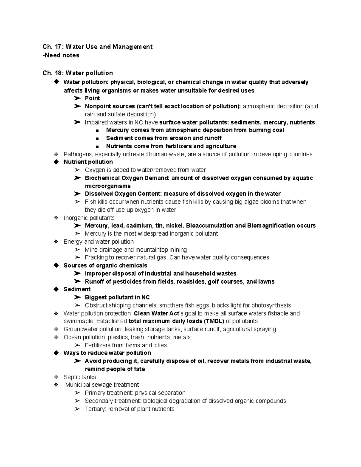 Test 3 ES Notes - Ch. 17: Water Use and Management -Need notes Ch. 18 ...