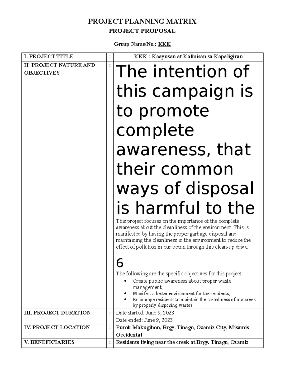 Project Planning Matrix - PROJECT PLANNING MATRIX PROJECT PROPOSAL ...