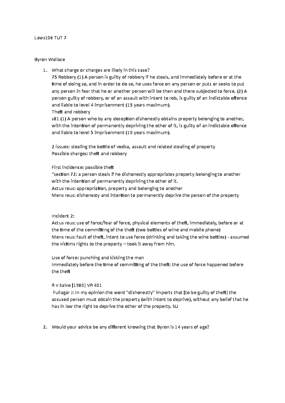 Laws106 TUT 7 - (2) A person guilty of robbery, or of an assault with ...