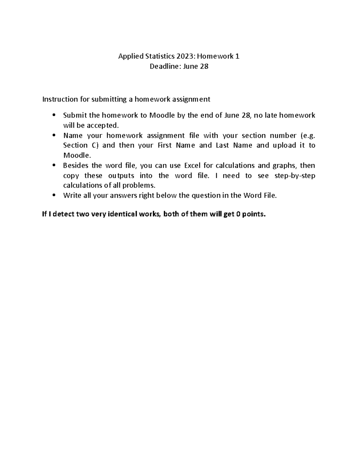Applied Statistics Homework 1 Applied Statistics 2023 Homework 1 Deadline June 28