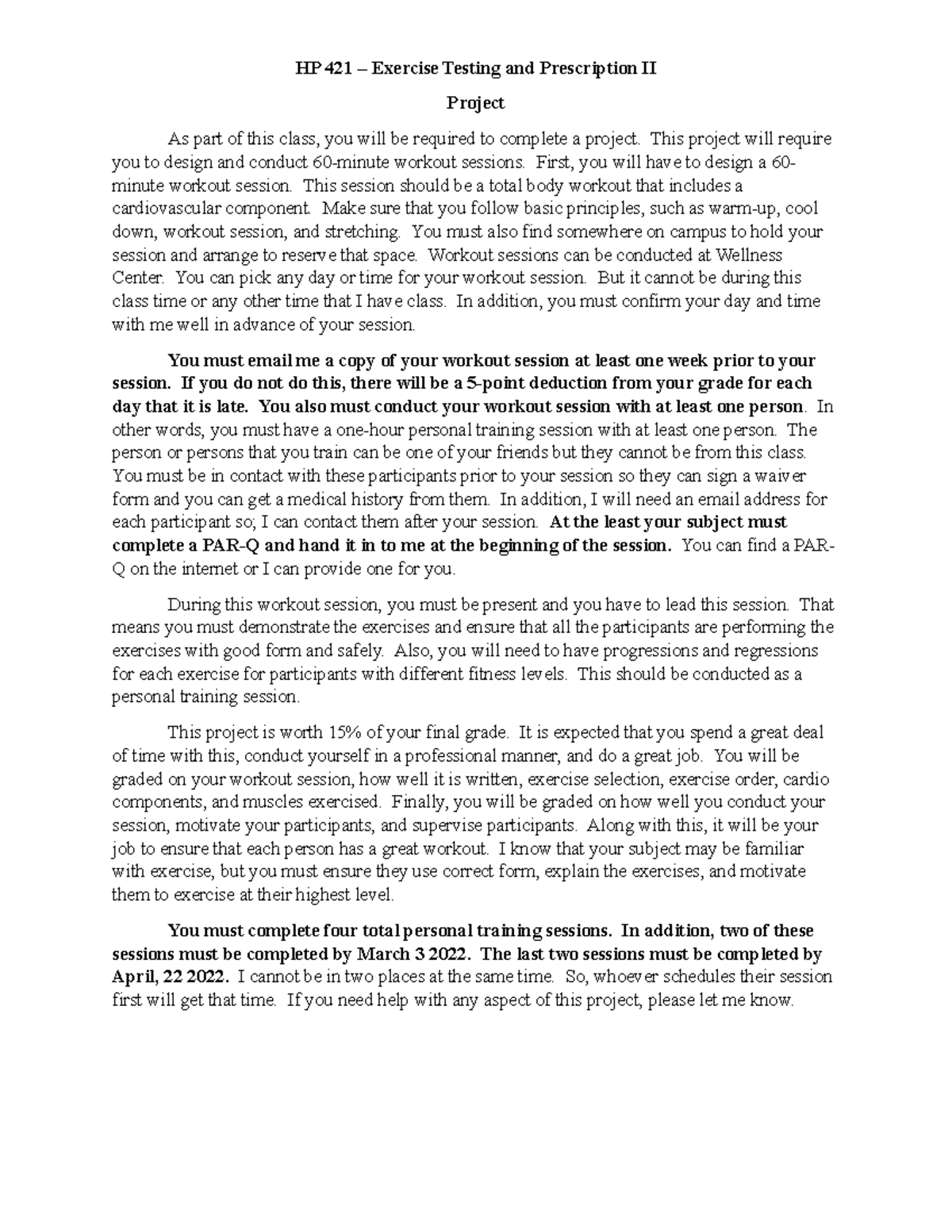 Exercise Testing 2 - Workout Project - HP 421 – Exercise Testing and ...