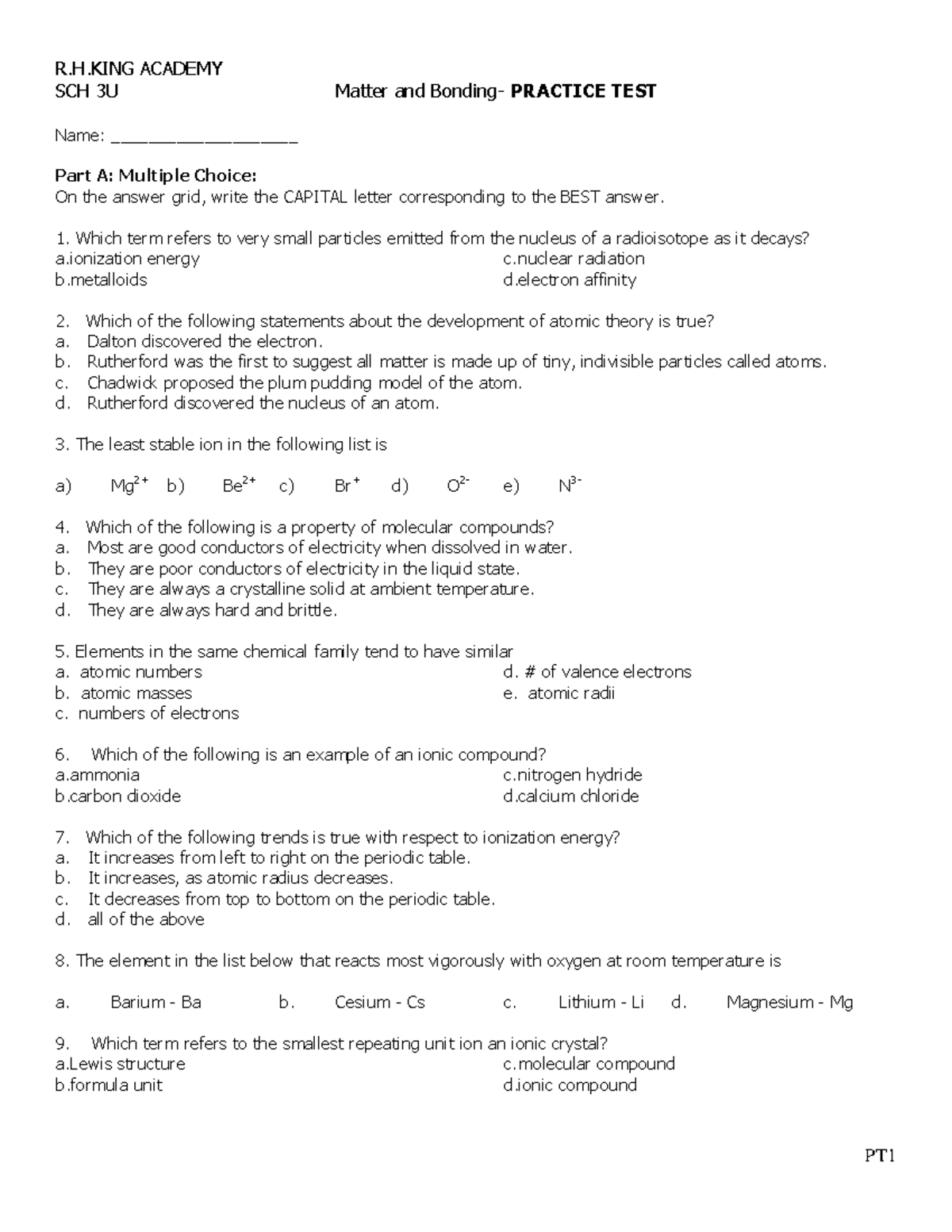 2.6 - Practice TEST - Matter and Bonding - Copy - R.H ACADEMY SCH 3U ...
