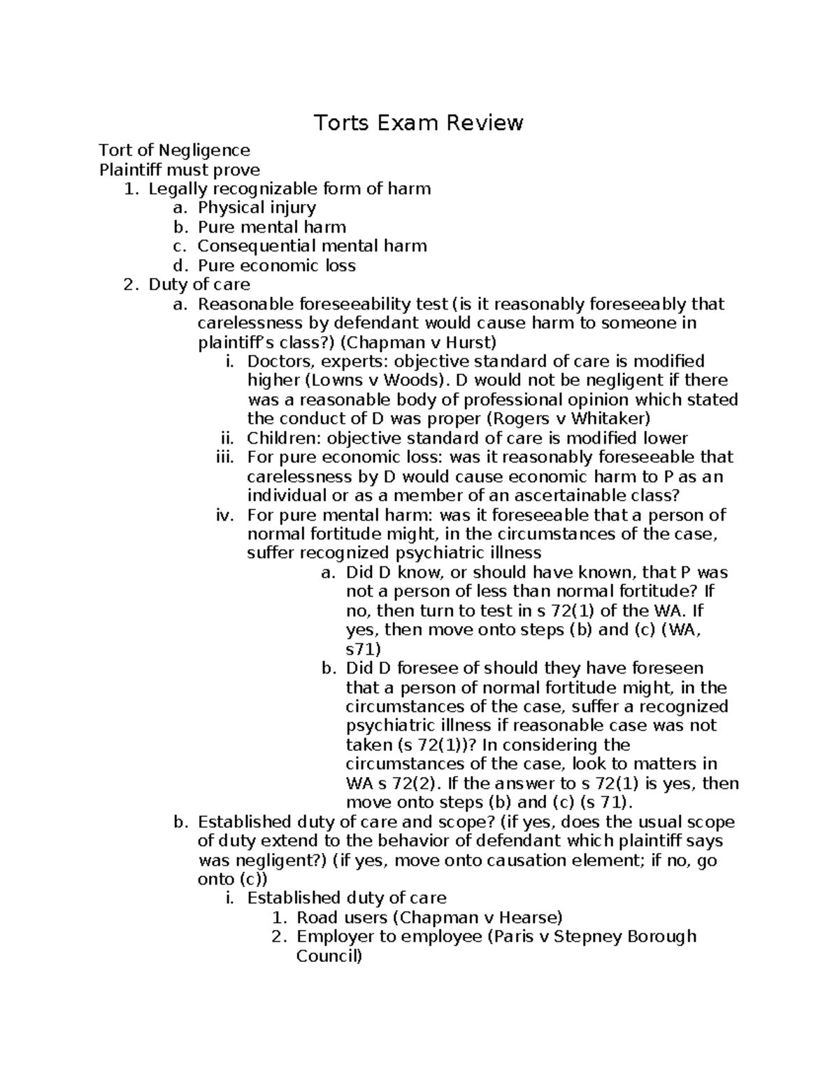 Torts Exam Review - Torts Exam Review Tort of Negligence Plaintiff must ...