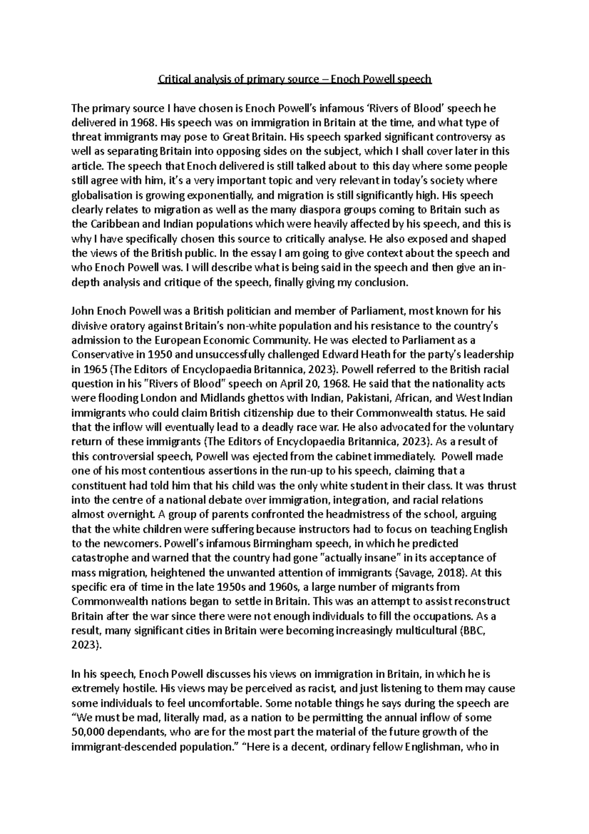Critical analysis of primary source - His speech was on immigration in ...