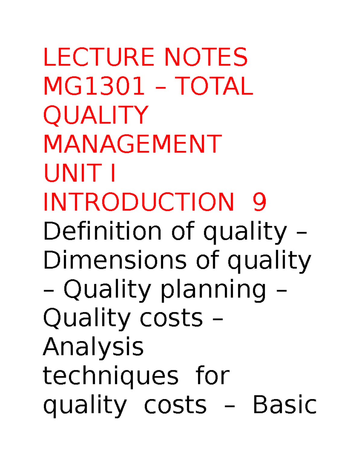 TQM - NOTES OF TQM - LECTURE NOTES MG1301 – TOTAL QUALITY MANAGEMENT ...