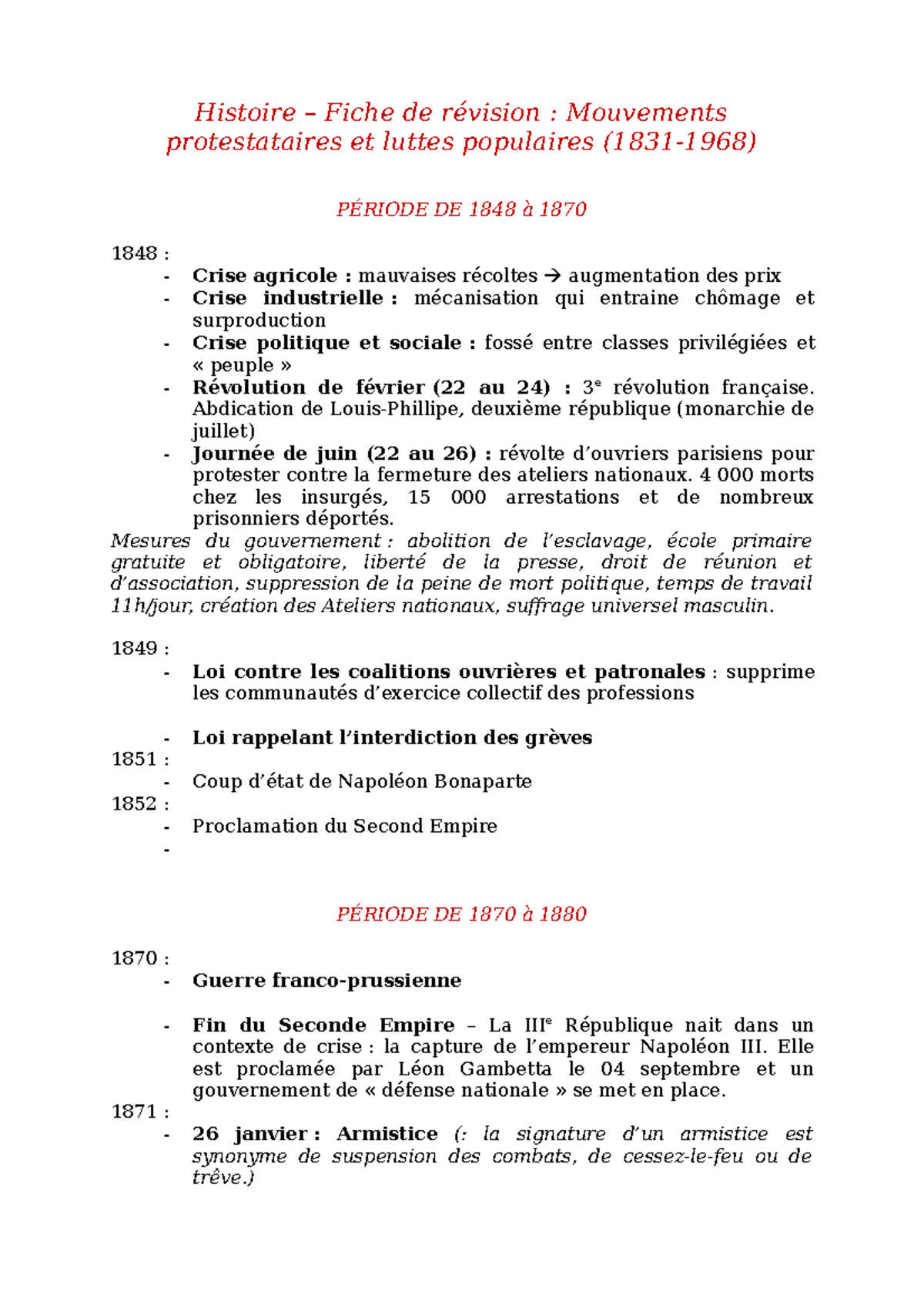 Fiche de révision Histoire - Histoire – Fiche de révision : Mouvements ...