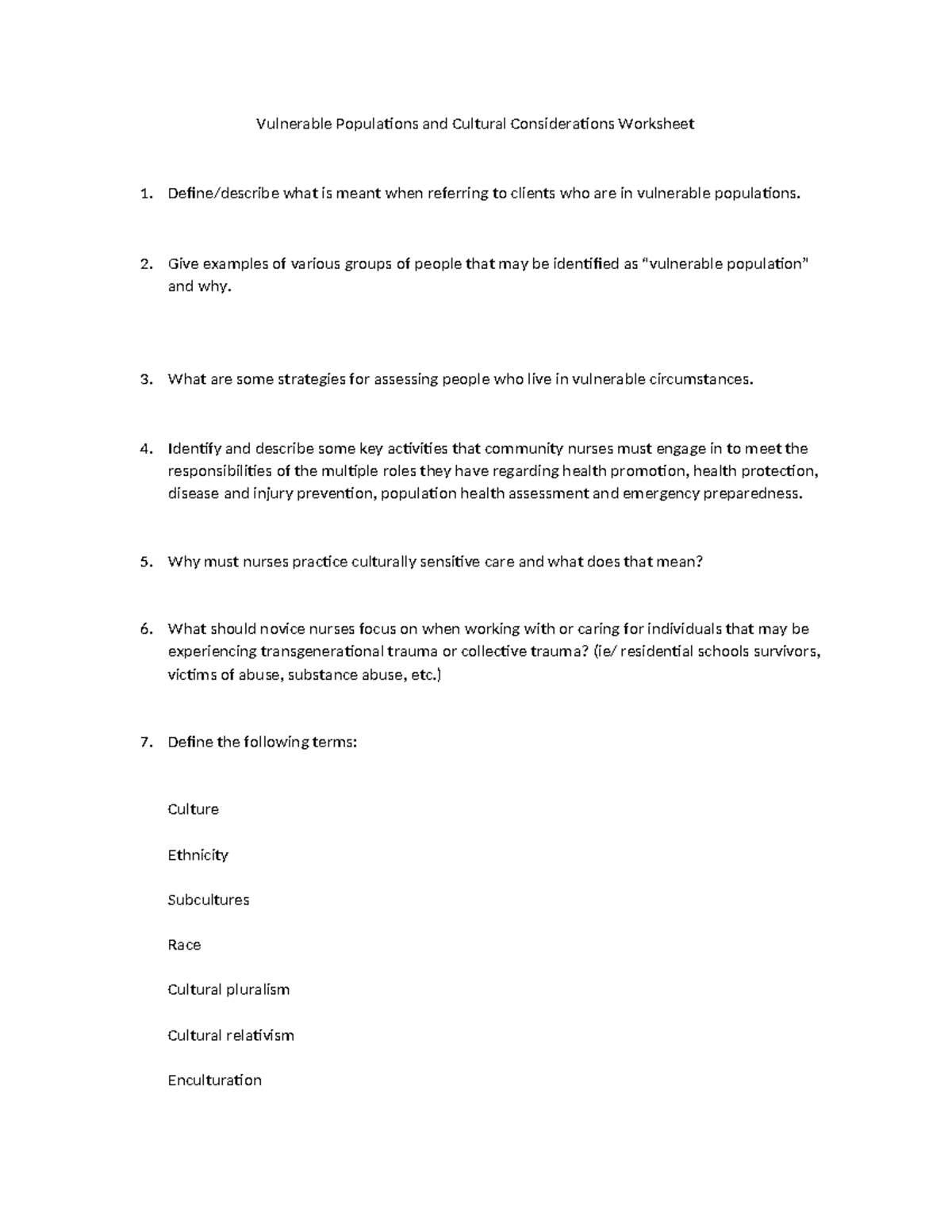 Vulnerable Populations Worksheet - Vulnerable Populations and Cultural ...