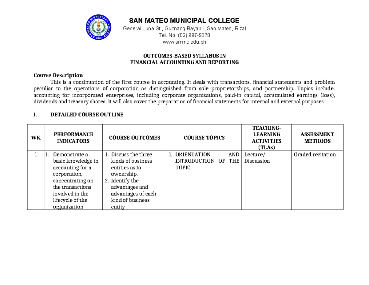 FAR-Syllabus - Far syllabus - SAN MATEO MUNICIPAL COLLEGE General Luna ...