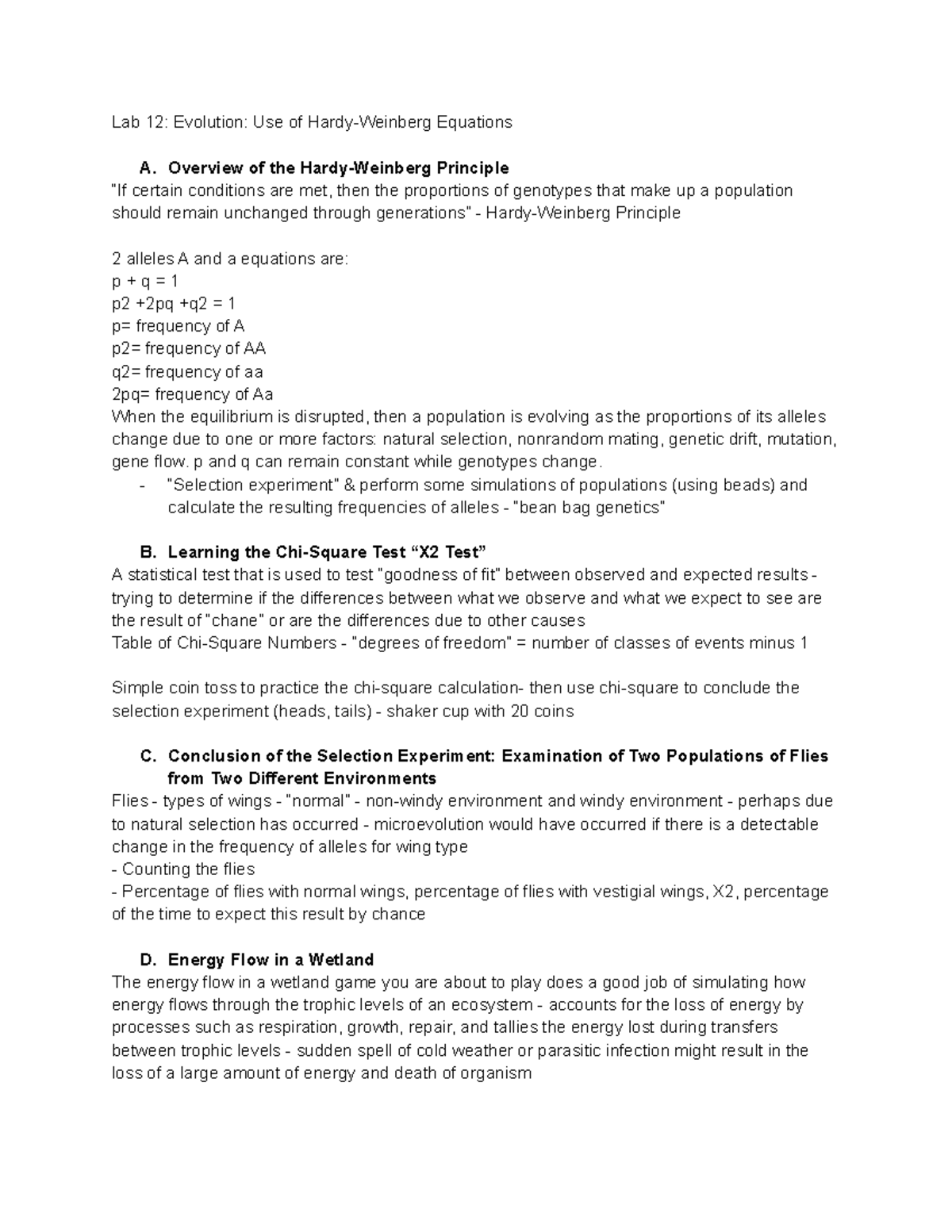 Lab 12 Notes - Lab 12: Evolution: Use of Hardy-Weinberg Equations - Lab ...