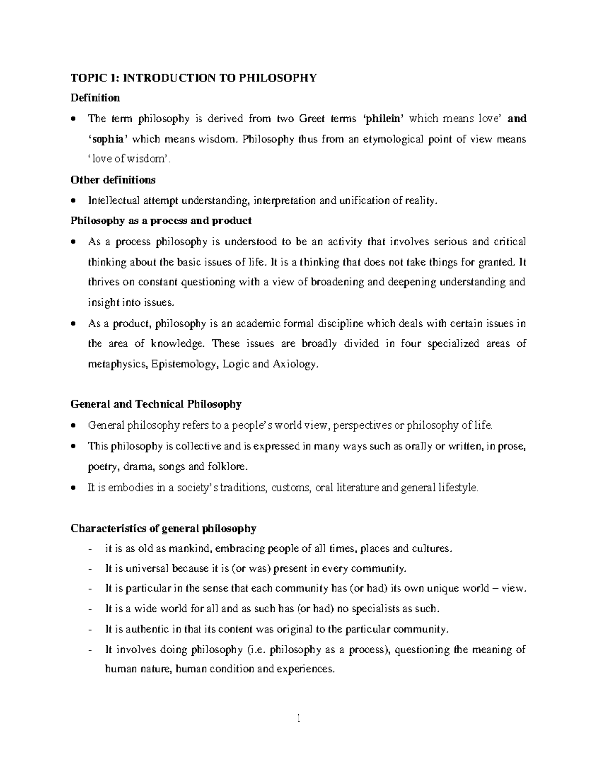 Summary EDFO 211 - TOPIC 1: INTRODUCTION TO PHILOSOPHY Definition The ...