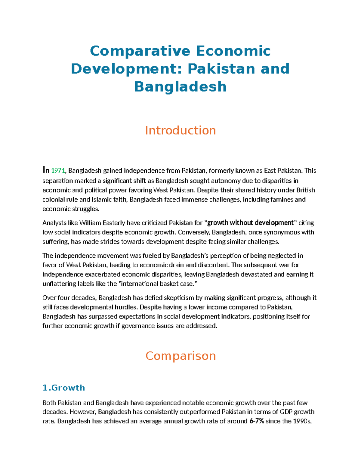 Develop Eco Assignment - Comparative Economic Development: Pakistan and Bangladesh Introduction ...