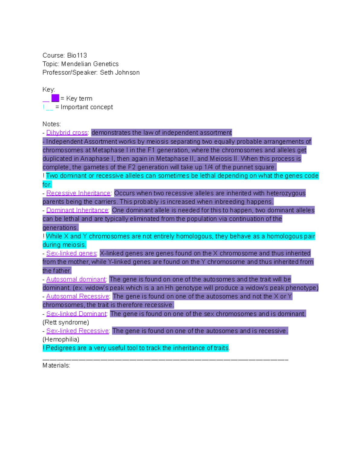 Bio113 Lecture notes - Mendelian Genetics - Course: Bio Topic ...