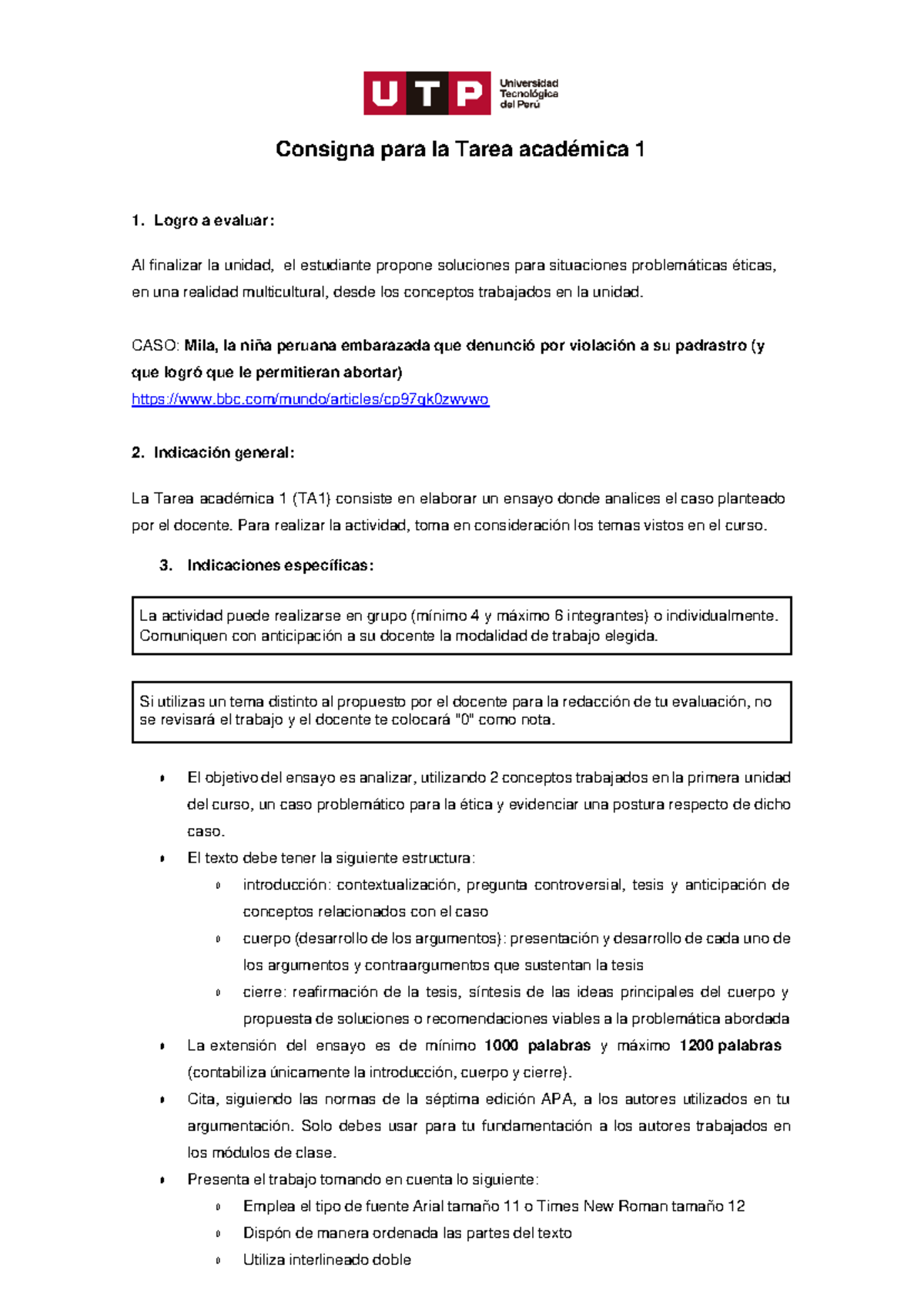 2- Consigna PARA LA TA1... - Consigna para la Tarea académica 1 1. Logro a evaluar: Al finalizar ...