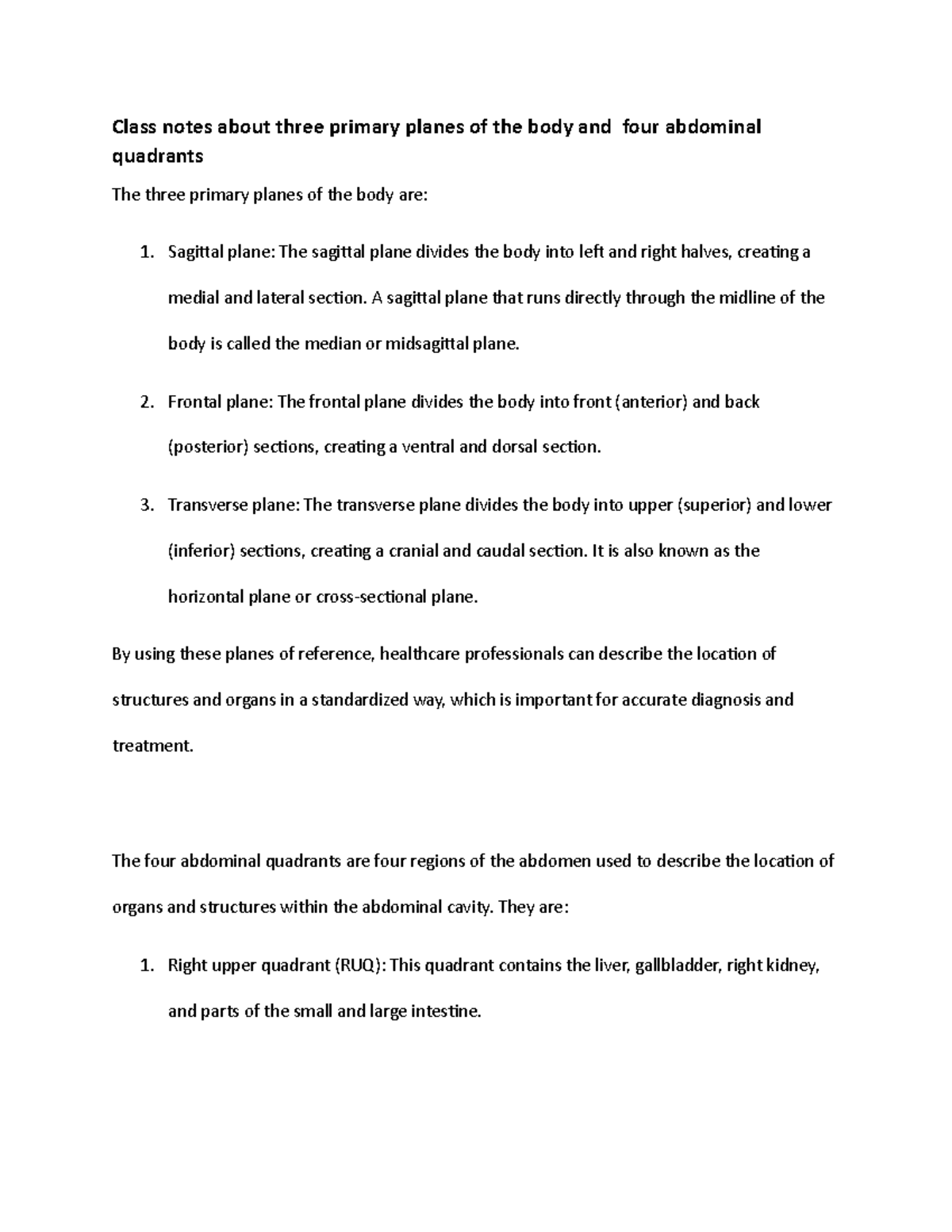 Class notes about three primary planes of the body and four abdominal ...