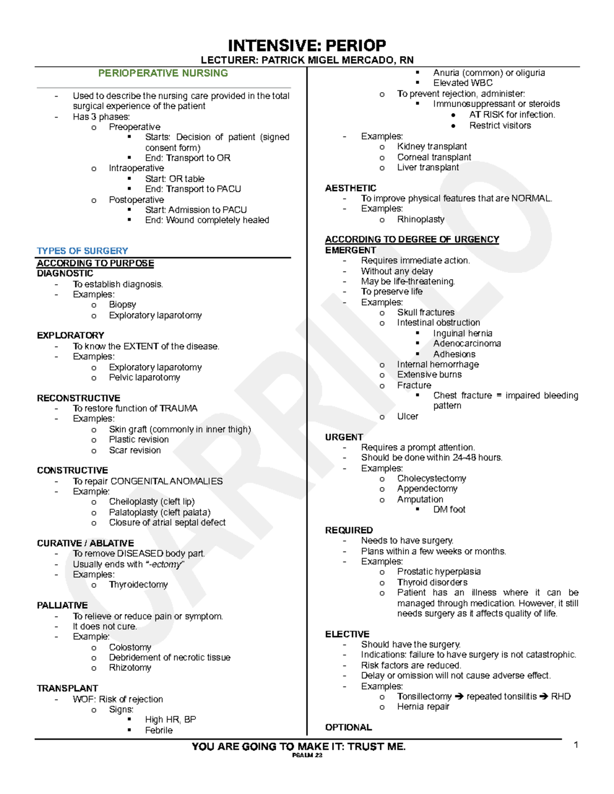 00 Periop DAY 1 - PERIOPERATIVE NURSING Used to describe the nursing ...