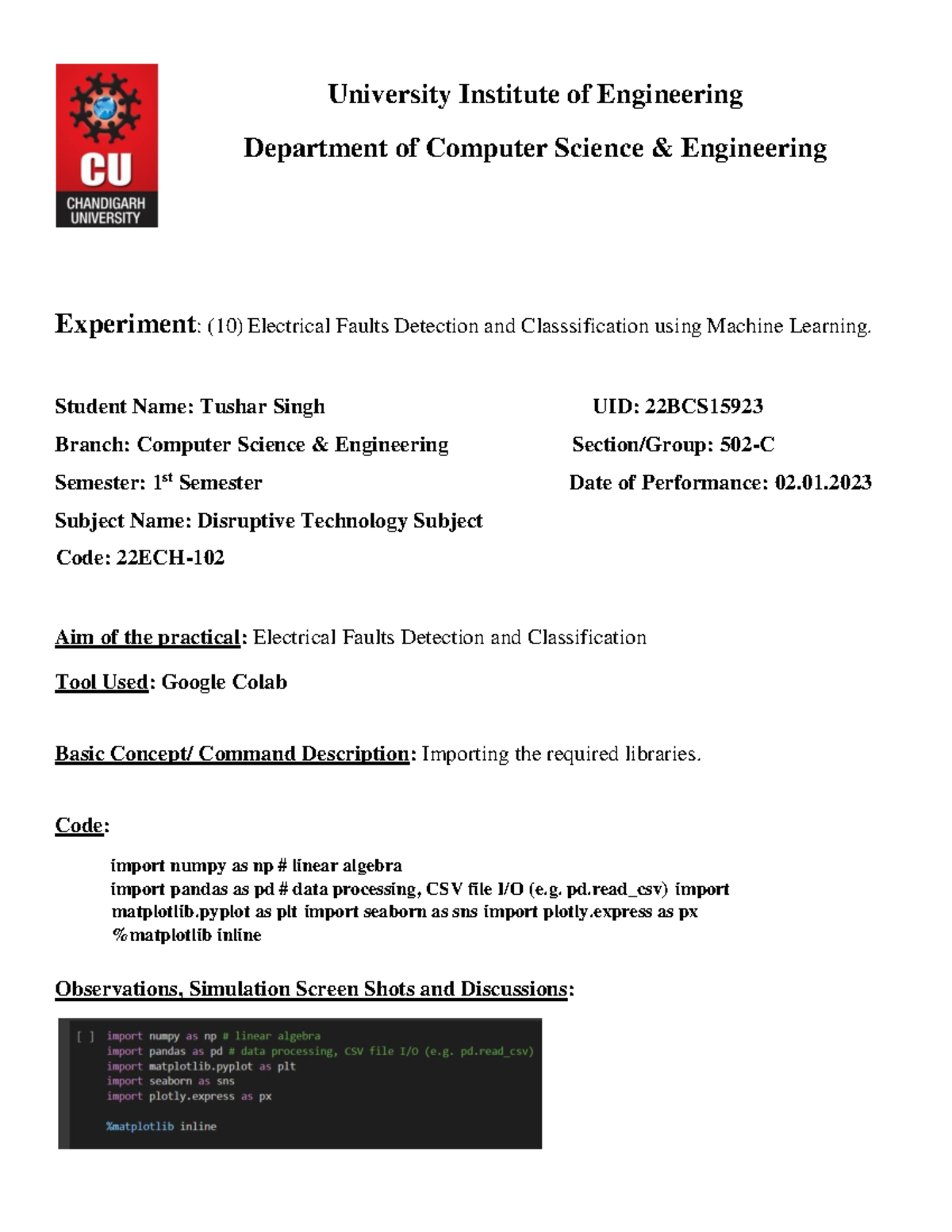 Tushar dt 10 - Assignment - Department of Computer Science & Engineering Experiment: (10) - Studocu