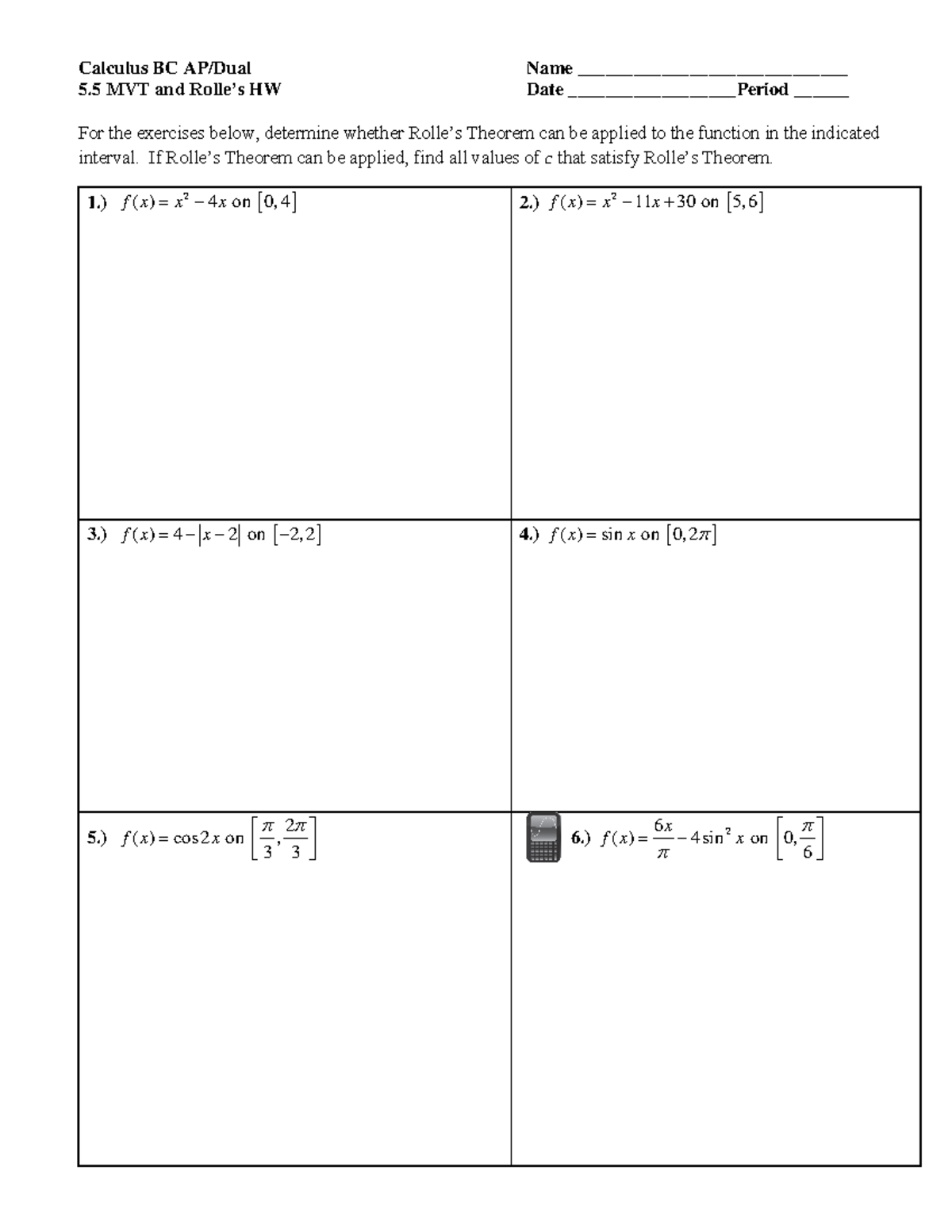 Mean value theorem - Calculus BC AP/Dual Name ...