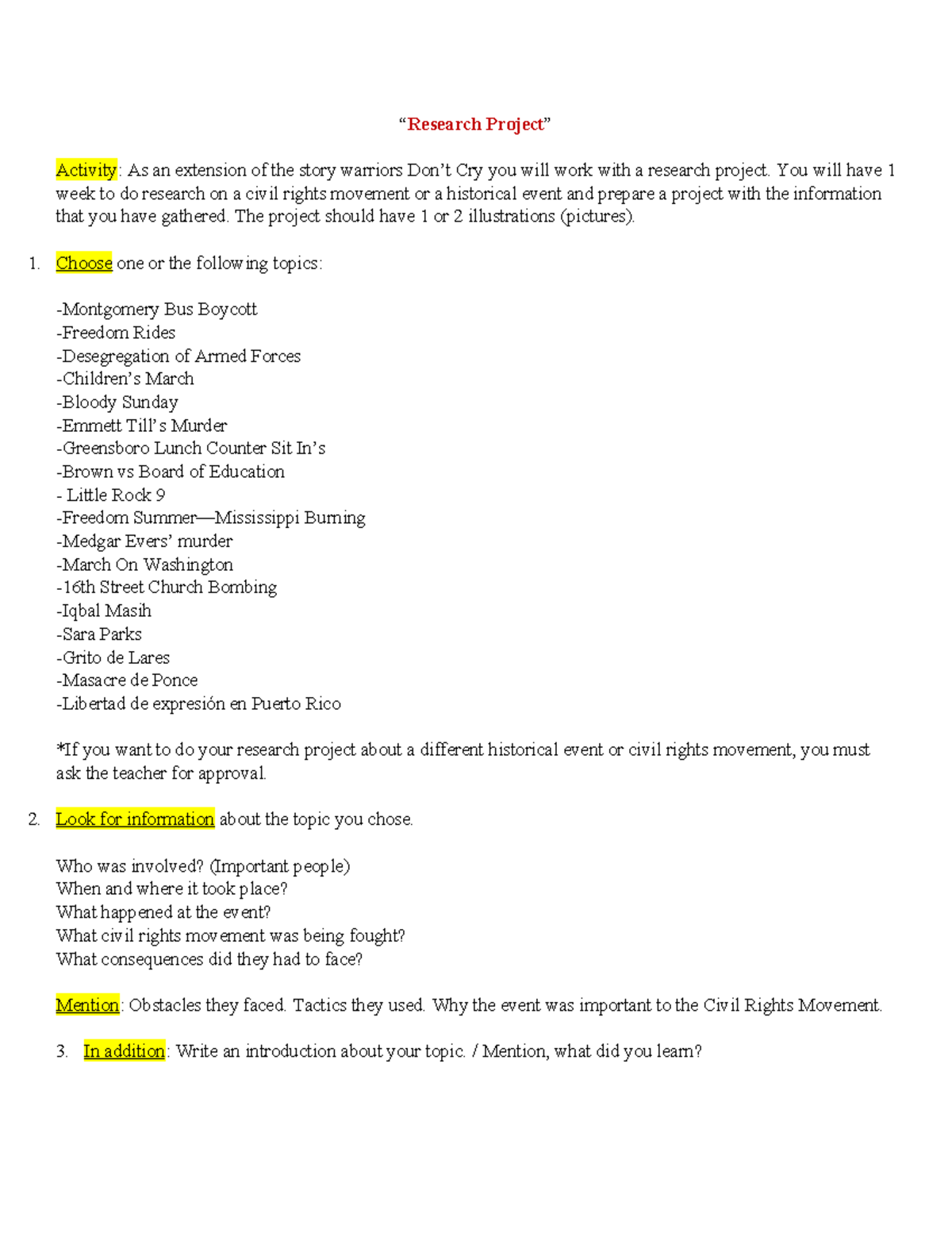 Research Project Civil rights and historical events 2023 - “Research ...