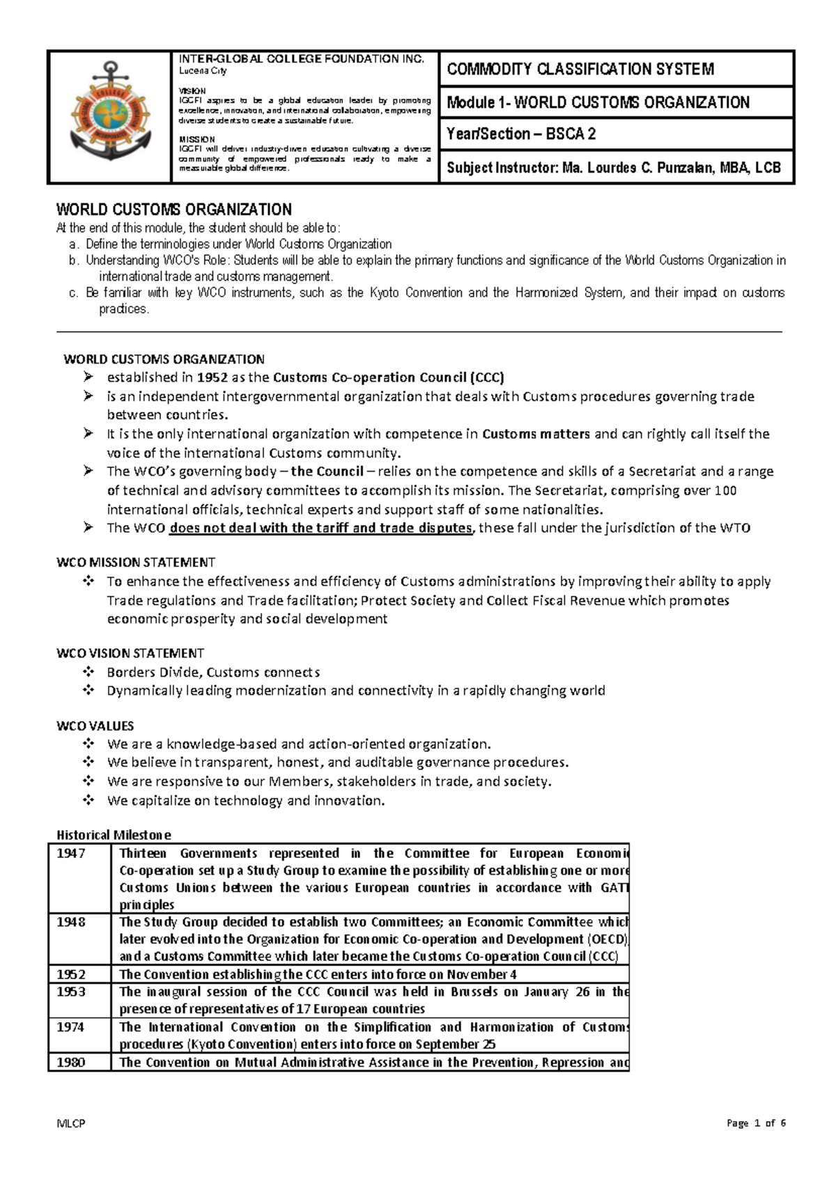 Module-1-WCO - ..... - Lucena City VISION IGCFI aspires to be a global ...