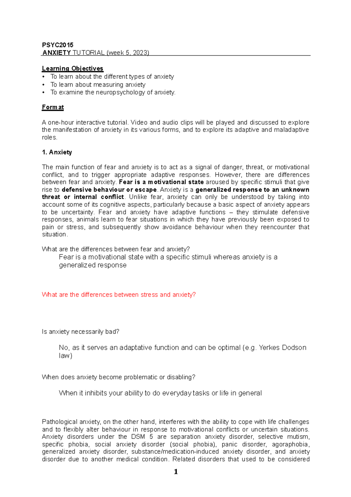 2023 PSYC2015 week 5 anxiety - 1 PSYC ANXIETY TUTORIAL (week 5, 2023) Learning Objectives To ...