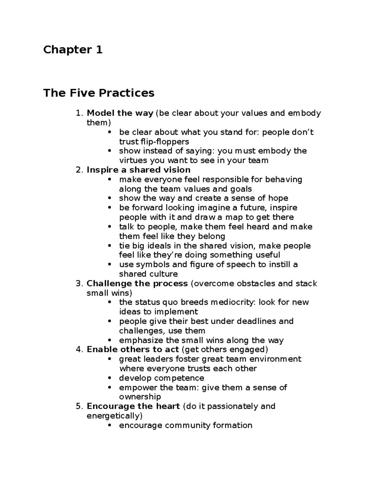 Chapter 1 to 3 - Chapter 1 The Five Practices Model the way (be clear ...