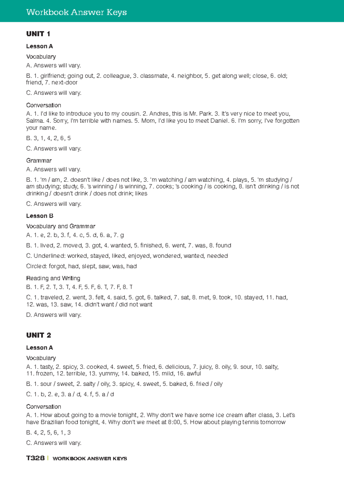 Respuestas Workbook 1ero BACH - UNIT 1 Lesson A Vocabulary A. Answers ...